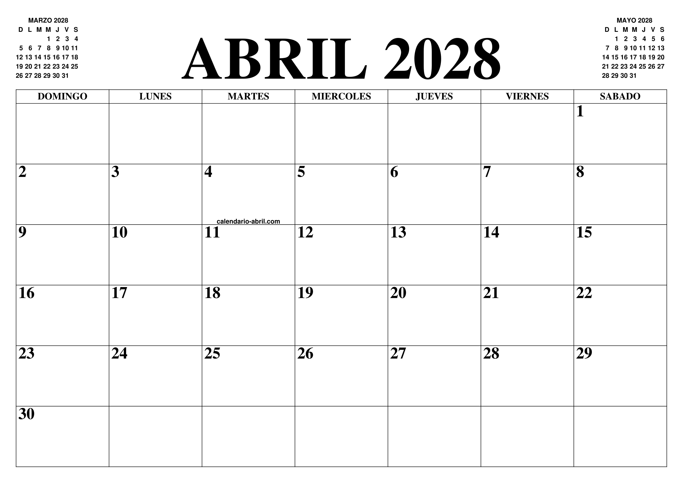 CALENDARIO ABRIL 2028 : EL CALENDARIO ABRIL PARA IMPRIMIR GRATIS - MES ...